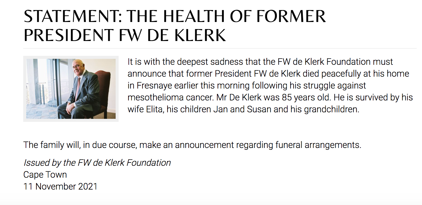 Former SA president FW de Klerk has died at 85