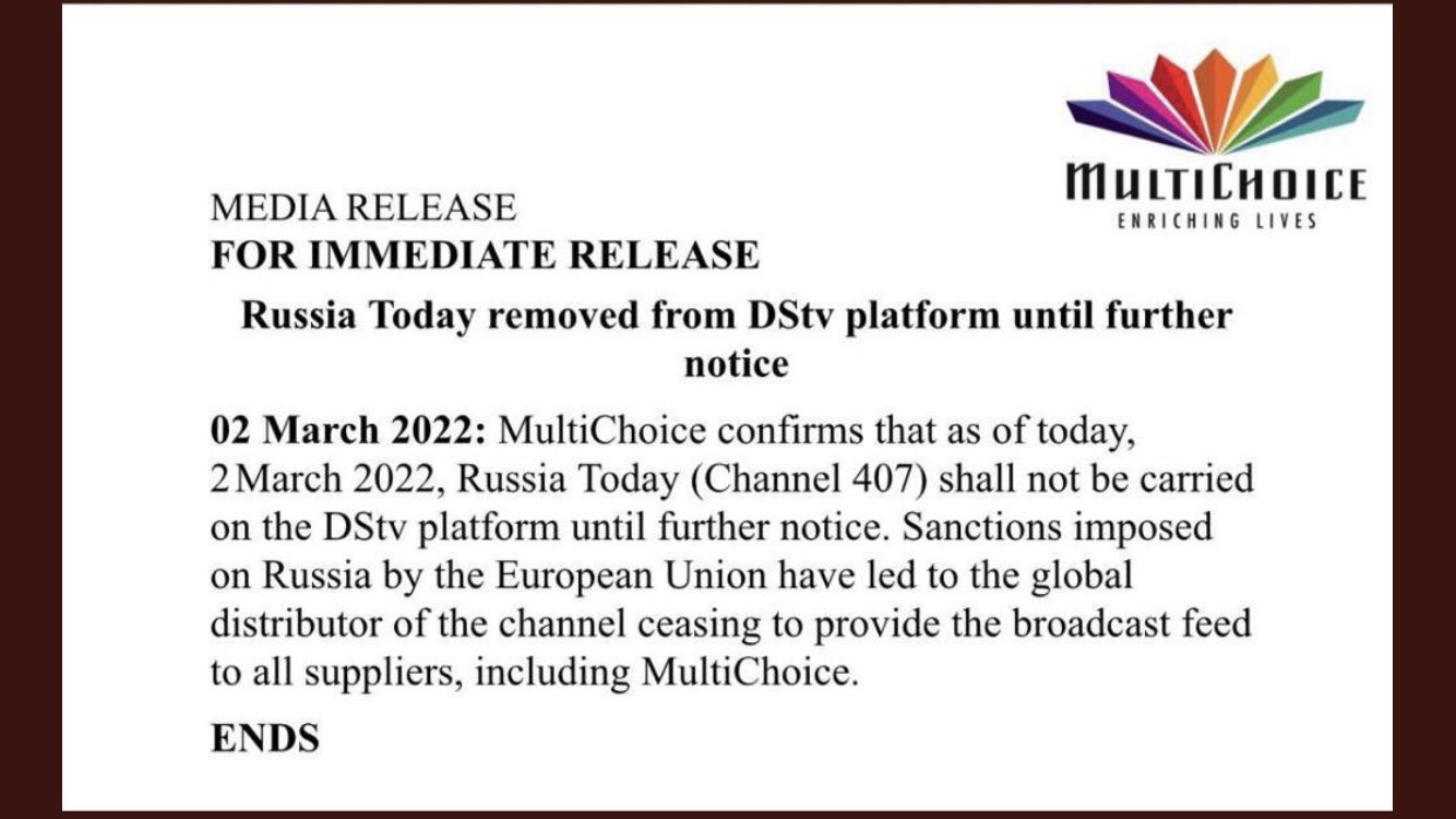 DStv removes Russia Today channel - KAYA 959