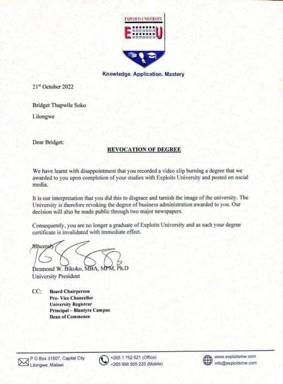 Malawian TikToker burns her degree, university revokes her qualification