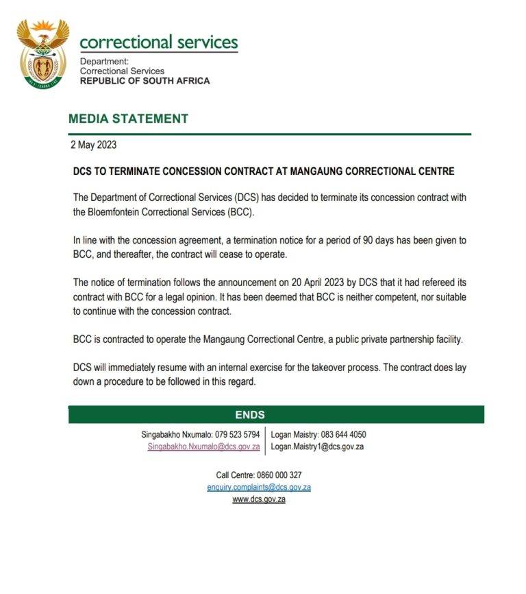 DCS terminates R1 billion a year contract with G4S
