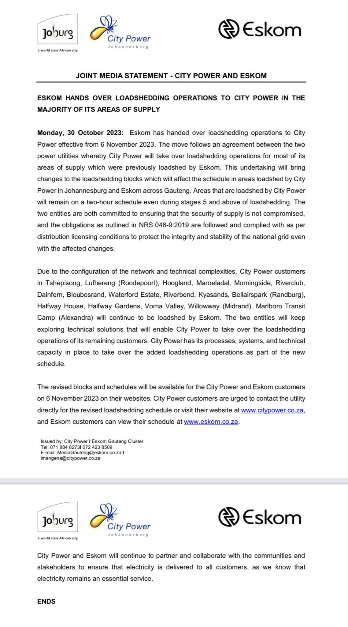 Eskom to hand over load shedding operations to City Power from 6 November
