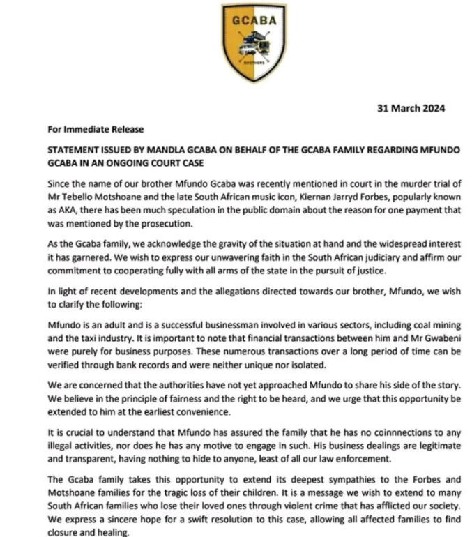 Gcaba family has released a statement on the ongoing AKA & Tibs murder case