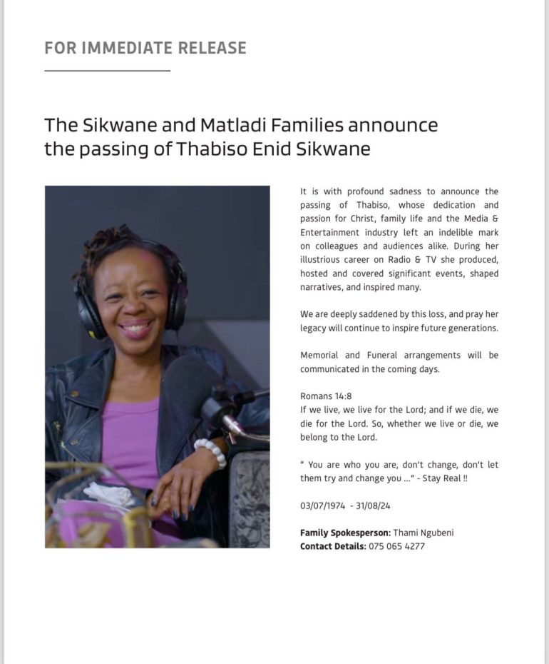 Family confirm passing of radio and TV personality Thabiso Sikwane