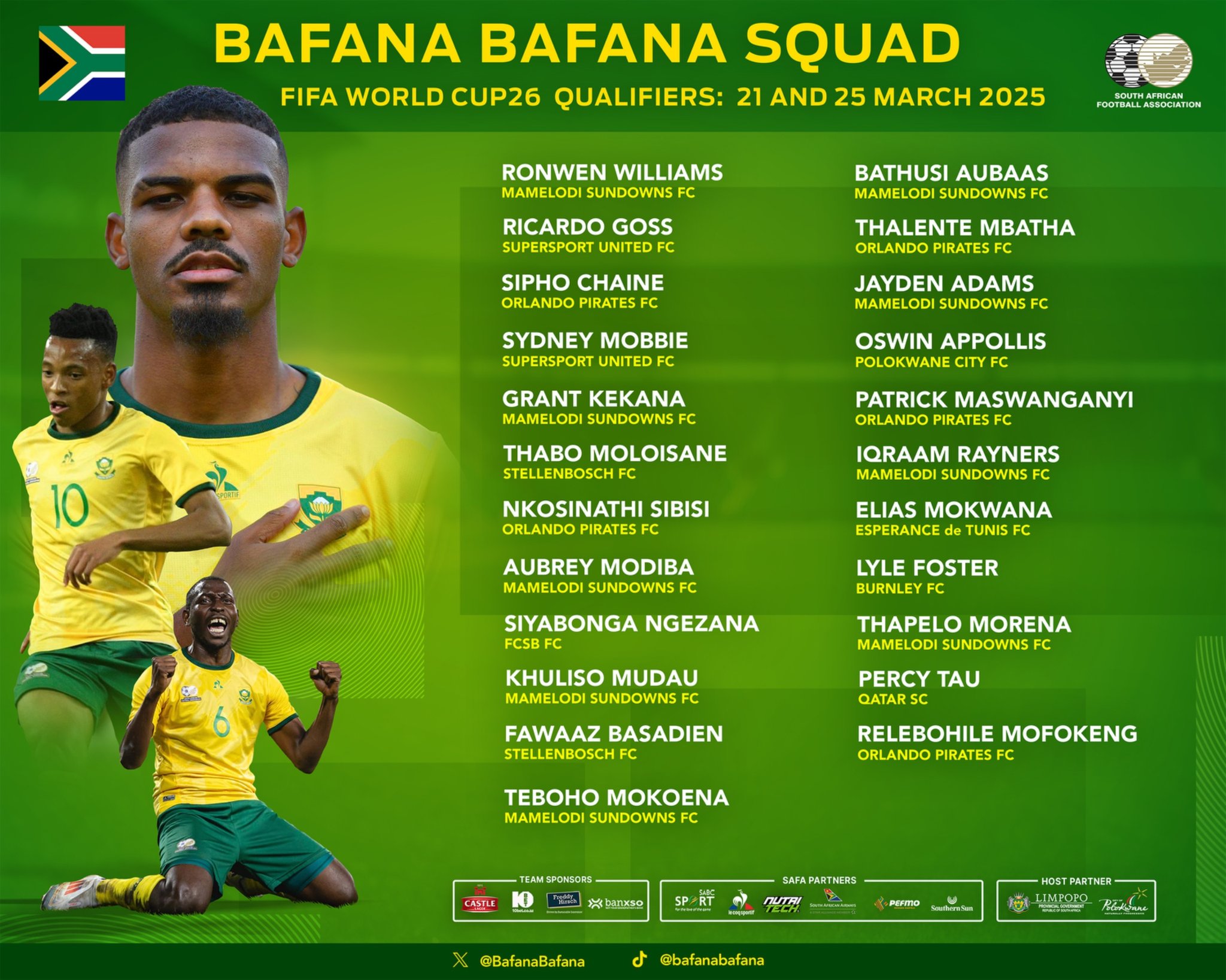 Bafana Bafana squad for 2026 FIFA World Cup Qualifiers announced
